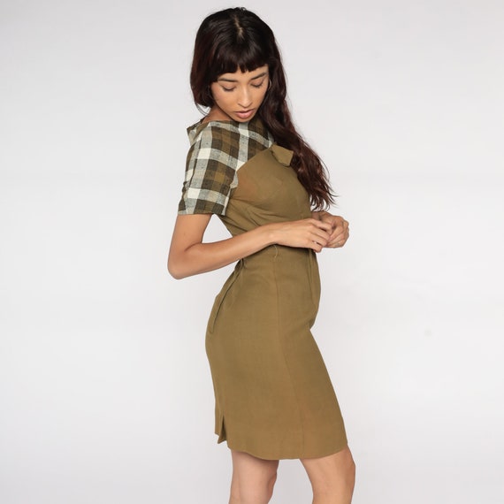 Plaid Wiggle Dress 1950s Dress Brown Mini Mad Men 50s… - Gem