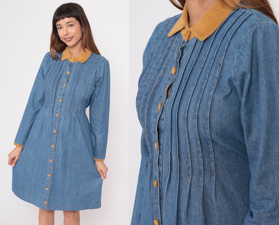 90s Denim Dress Corduroy Collar Blue Jean Shirtdress Midi Button up ...