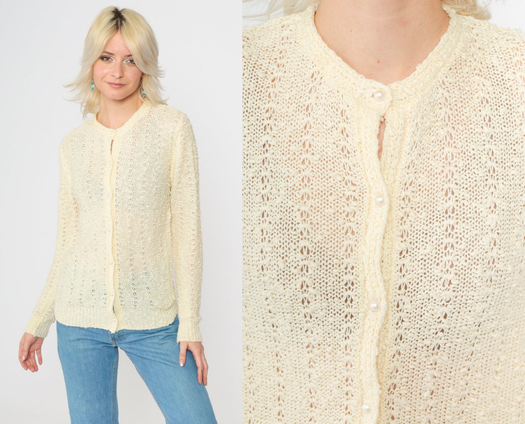 Pale Yellow Cardigan 80s Pointelle Knit Pearl Button up Sweater Open ...