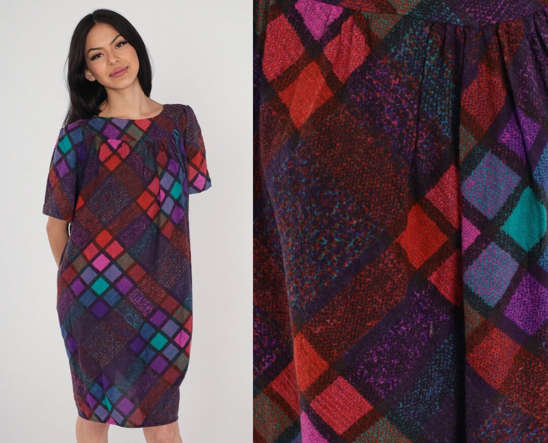 Checkered Dress 70s Mini Dress Tent Lounge Retro Hippie Short Sleeve ...