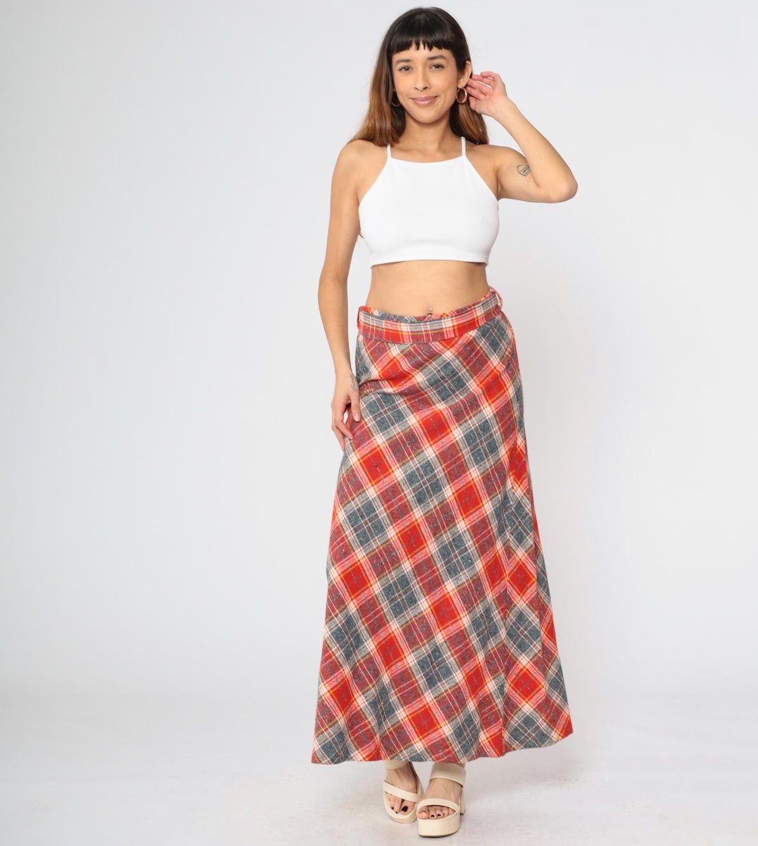 70s Long Plaid Skirt Red Grey Maxi Skirt A-line Tartan High Waisted ...