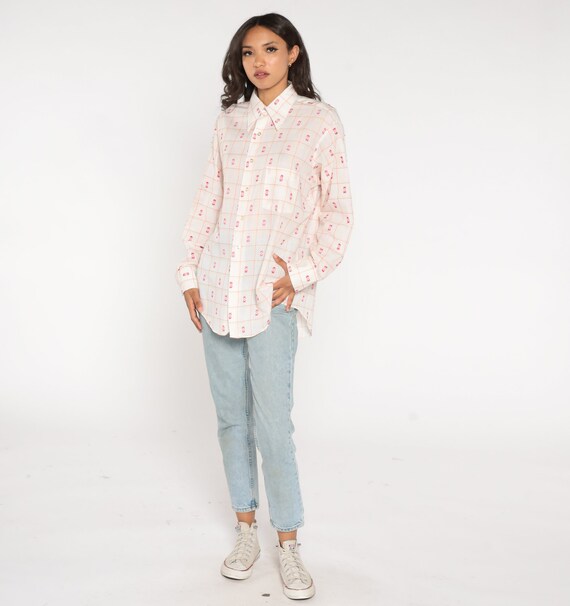 70s Checkered Shirt White Stamp Print Button Up Top R… - Gem
