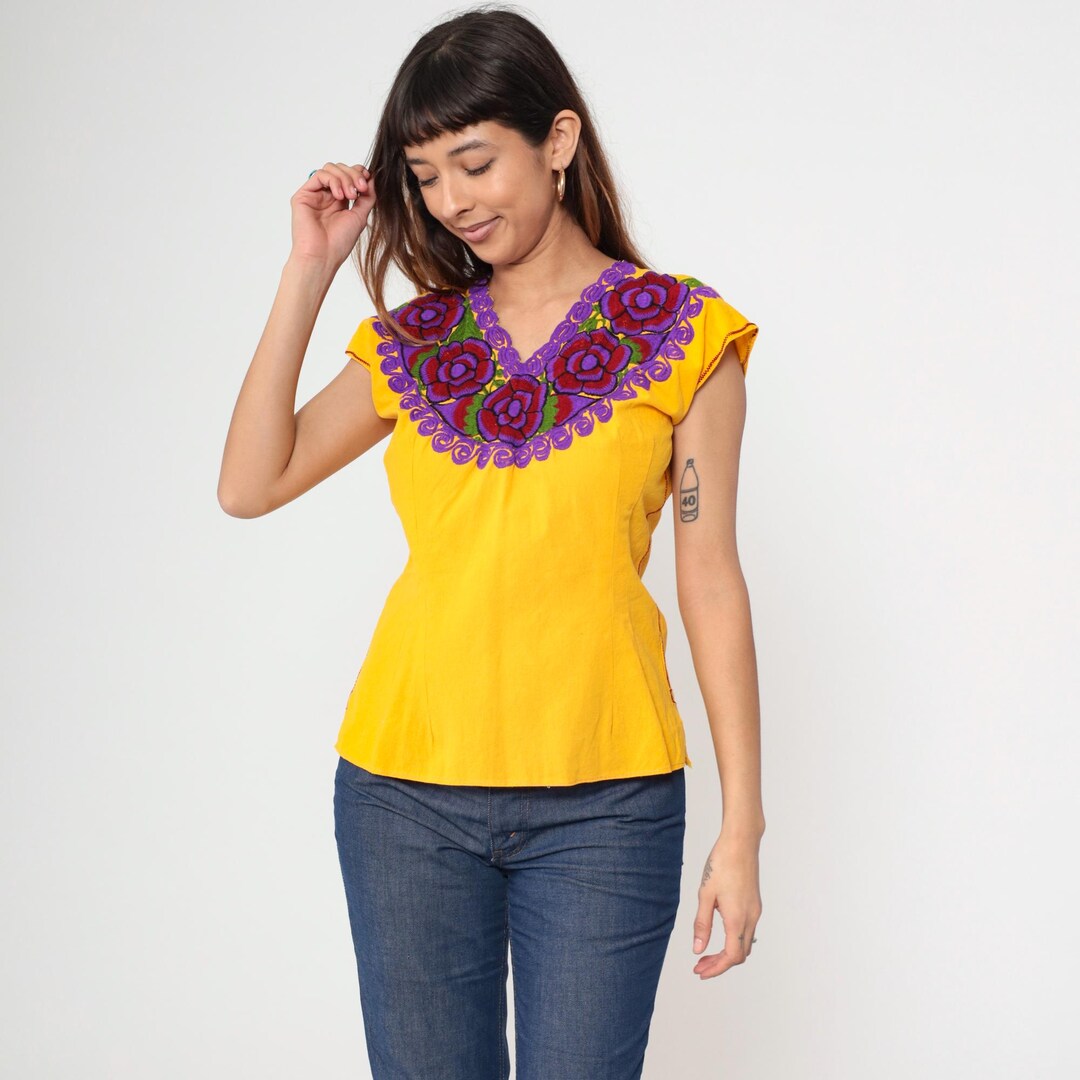 Mexican Embroidered Top 90s Yellow Floral Blouse Peasant Hippie Short ...