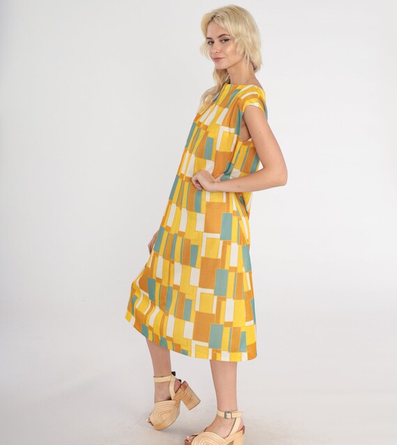 70s Mod Dress Yellow Midi Dress Geometric Checkered R… - Gem