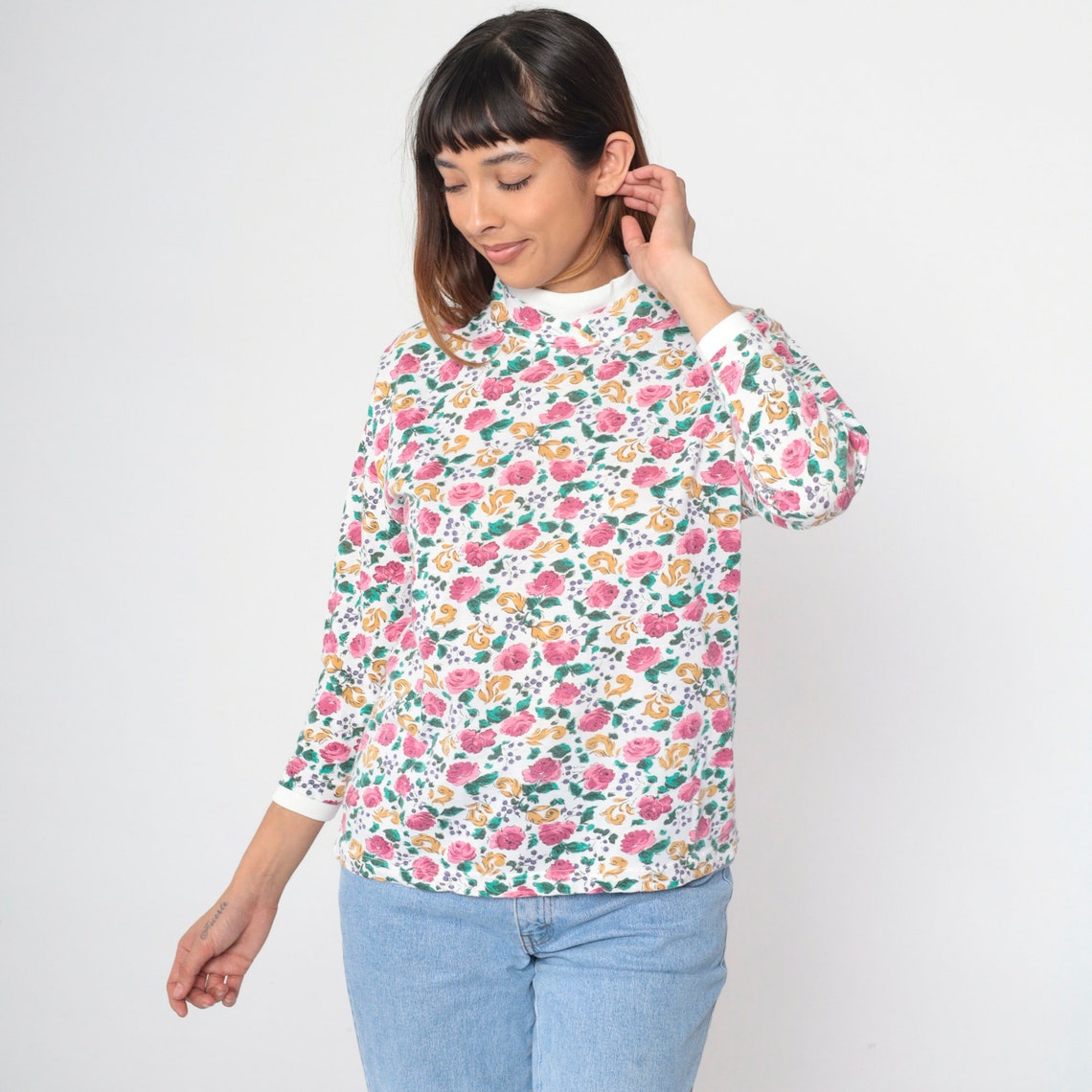 90s Floral Mock Neck Shirt White Rococo Pink Rose Print T-shirt Long ...