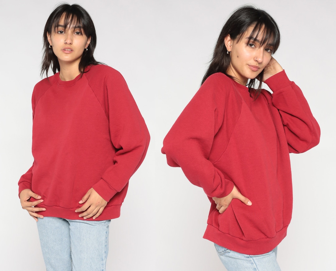 Plain Red Sweatshirt Y2K Raglan Sleeve Sweatshirt Slouchy Crewneck ...