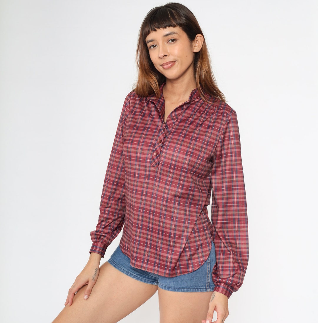70s Checkered Shirt Burgundy Blouse Boho Disco Top Hippie Plaid Top ...