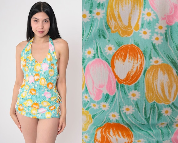 70s Floral Swimsuit Blue One Piece Bathing Suit Open … Gem
