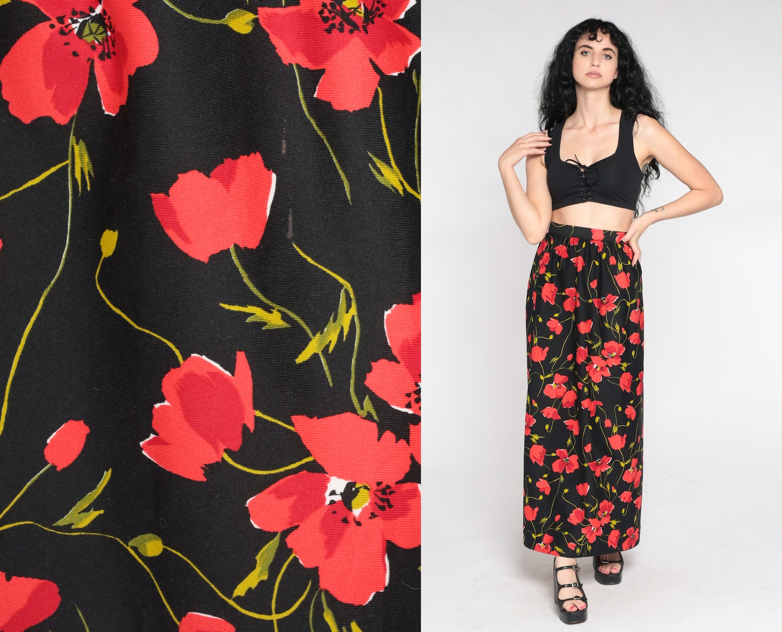 90s Floral Skirt Black Red Poppy Skirt 90s Maxi Boho Straight - Etsy