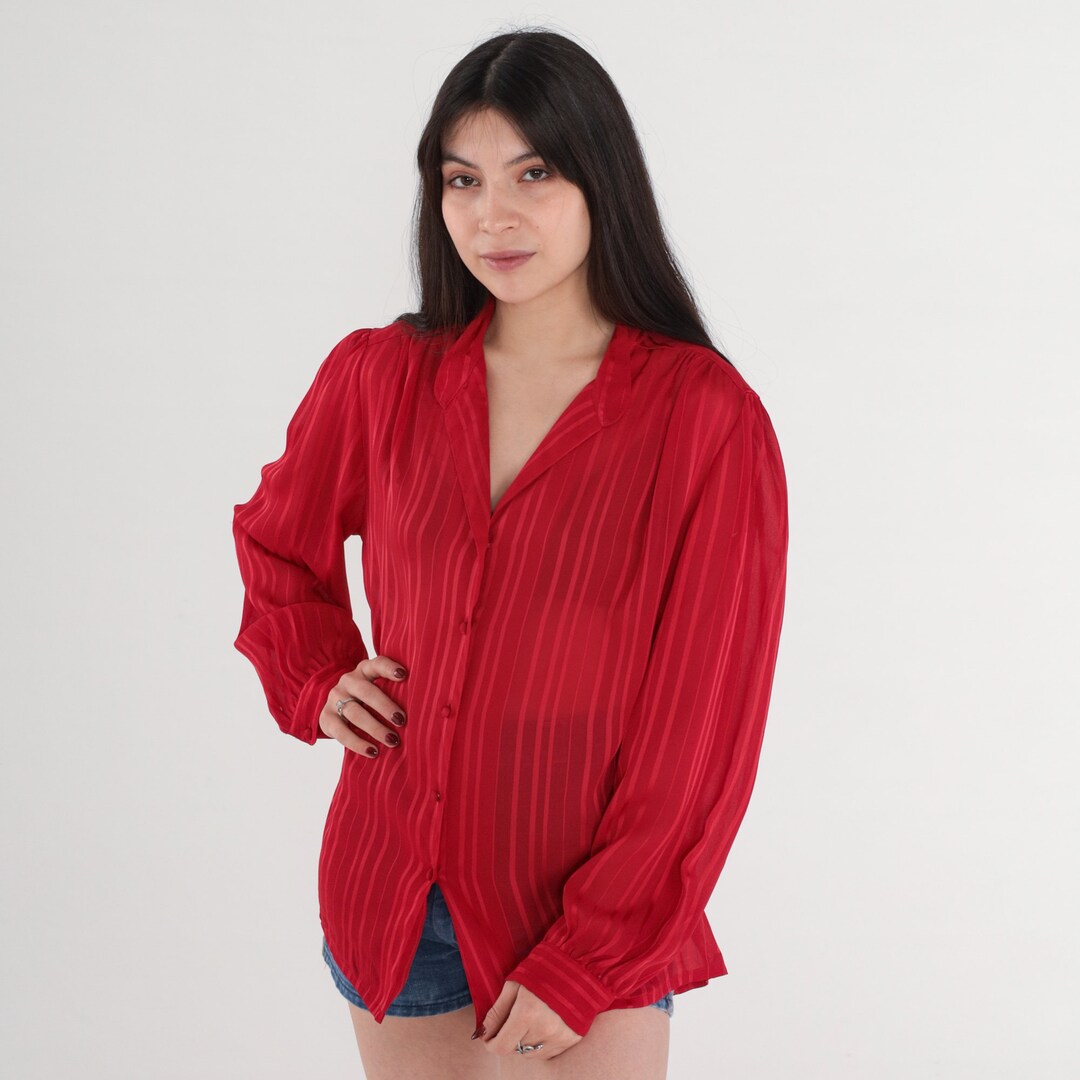 Red Striped Blouse 70s Semi-sheer Button up Top Puff Sleeve Shirt Retro ...
