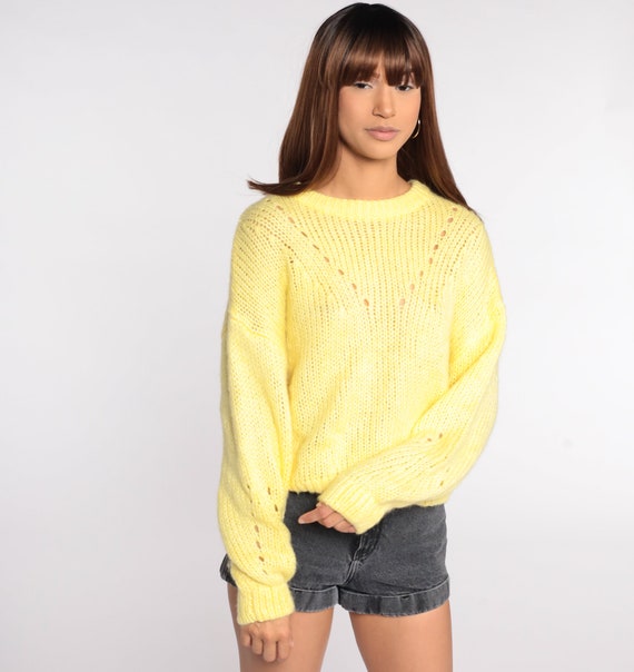 Sheer Yellow Sweater Pastel Shirt 80s Knit Cutout Swe… - Gem