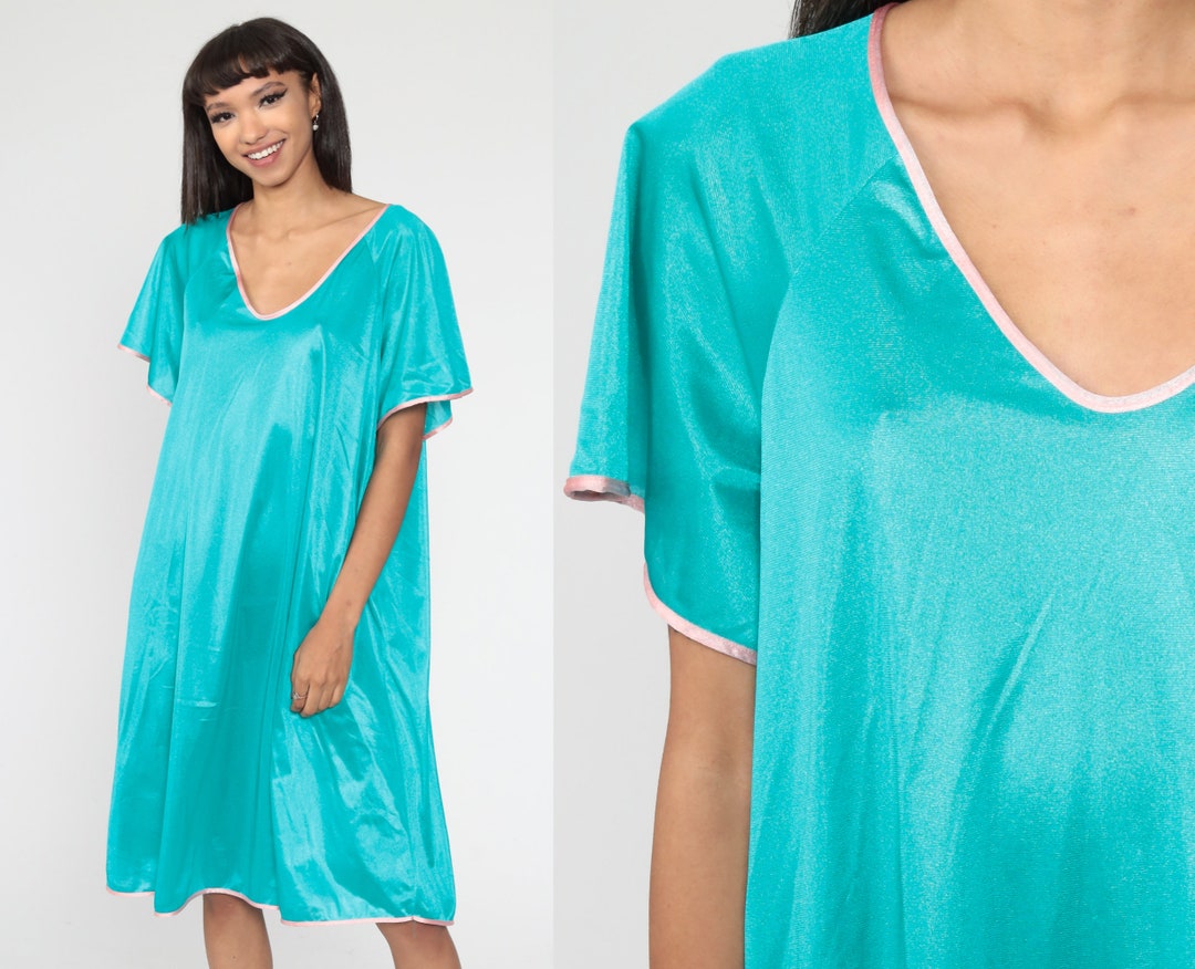 Turquoise Nylon Nightgown Lingerie Ringer Pajama Nightie 70s Midi Slip ...