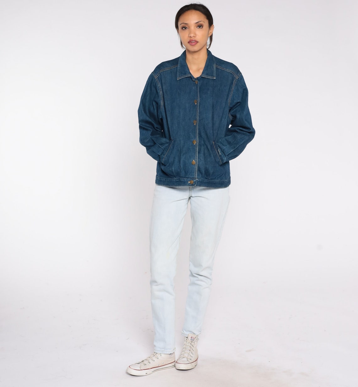 Dark Denim Jacket 80s Blue Jean Jacket Button up Trucker Coat - Etsy