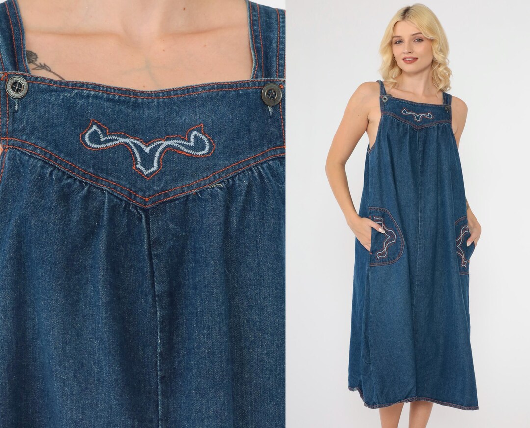 Vintage 70s Denim Jumper Dress Texas Longhorn Embroidered Western ...