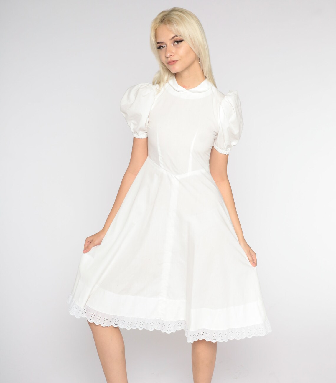 White Peasant Dress 70s Puff Sleeve Day Dress Eyelet Trim High Basque ...