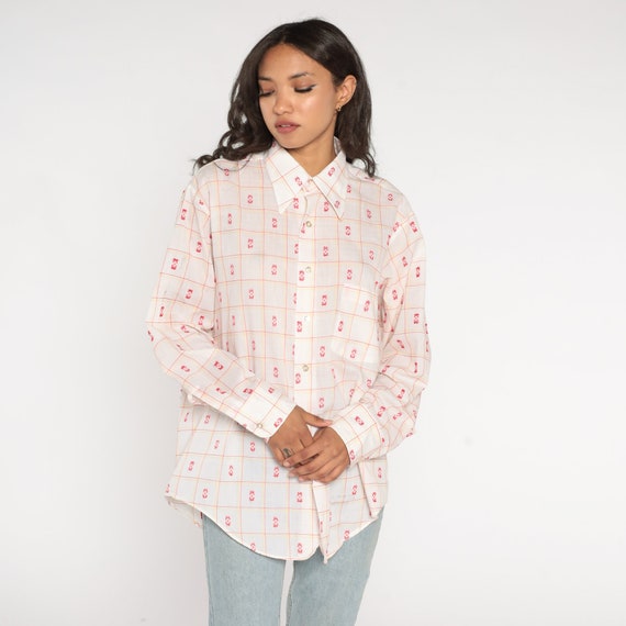 70s Checkered Shirt White Stamp Print Button Up Top R… - Gem