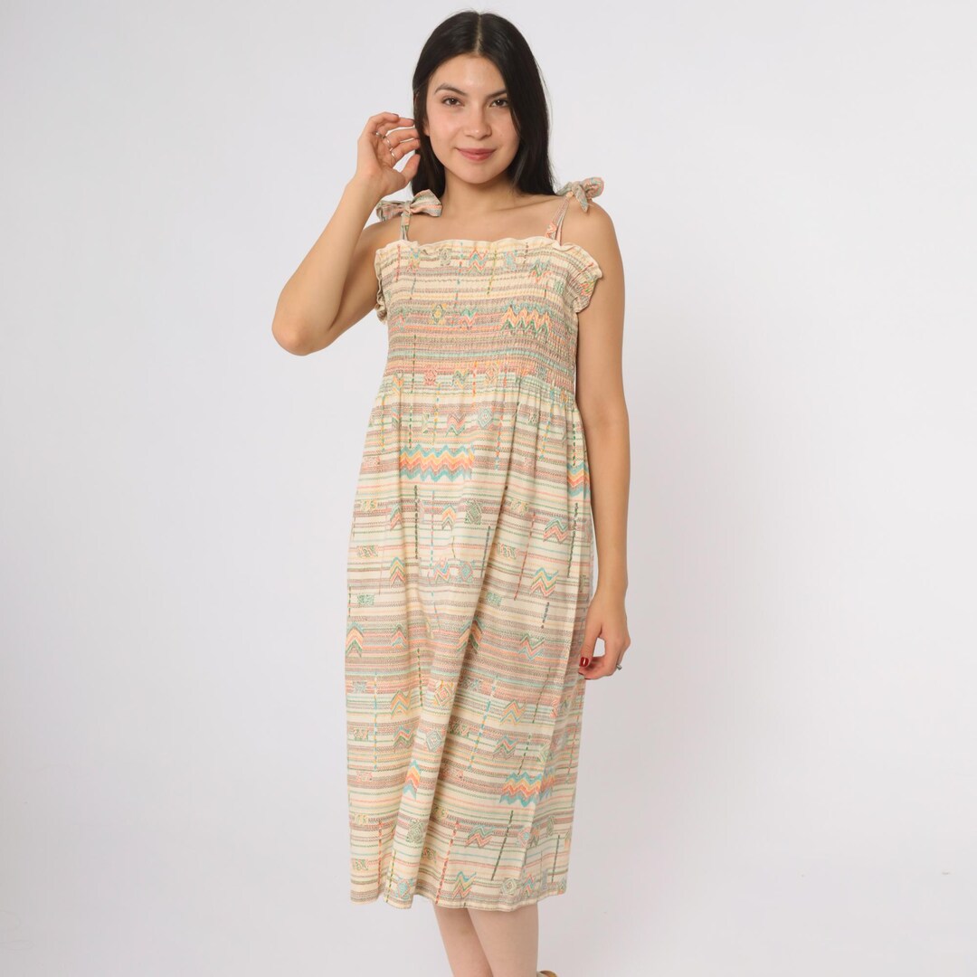 Summer Day Dress 70s Cream Pastel Aztec Stripe Tie Shoulder Midi Length ...