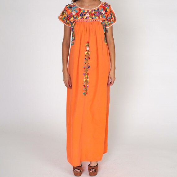 Oaxacan Maxi Dress 70s Mexican Embroidered Dress Oran… - Gem