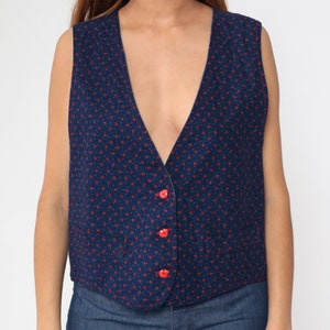 70s Vest Blue Button up Vest Sleeveless Jacket Red Ditsy Apple Fruit ...