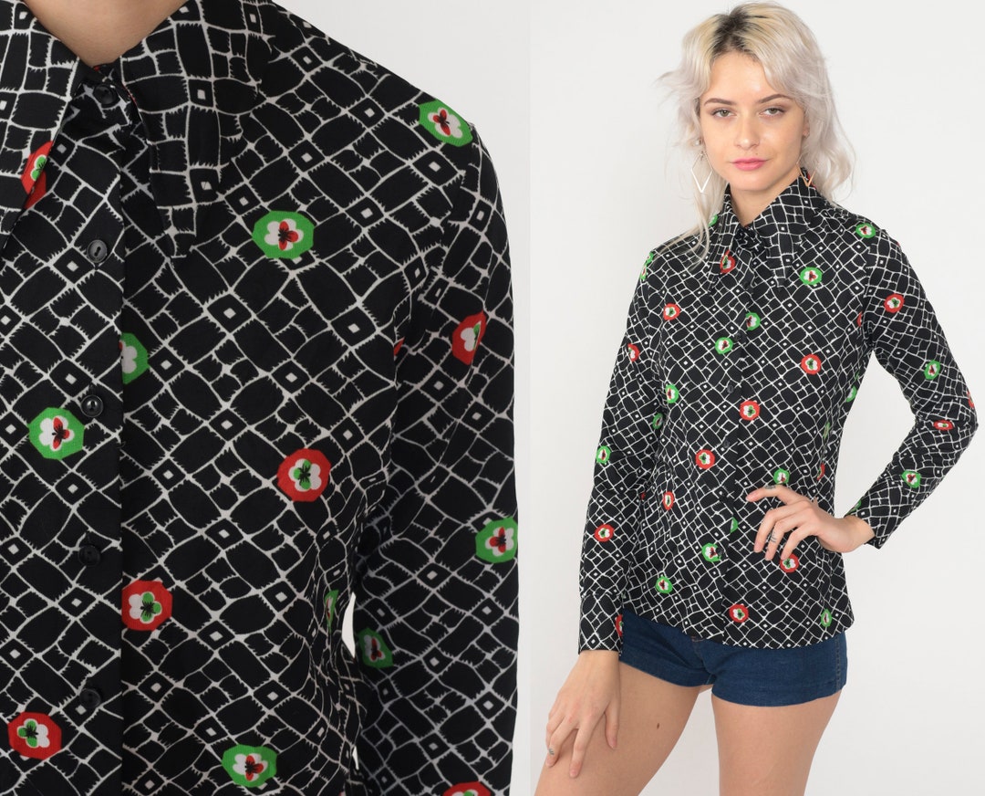 Checkered Floral Blouse 70s Button up Shirt Black Flower Print - Etsy