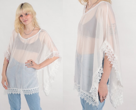 Sheer White Poncho Top Lace Shawl Cape Shirt Hippie B… - Gem