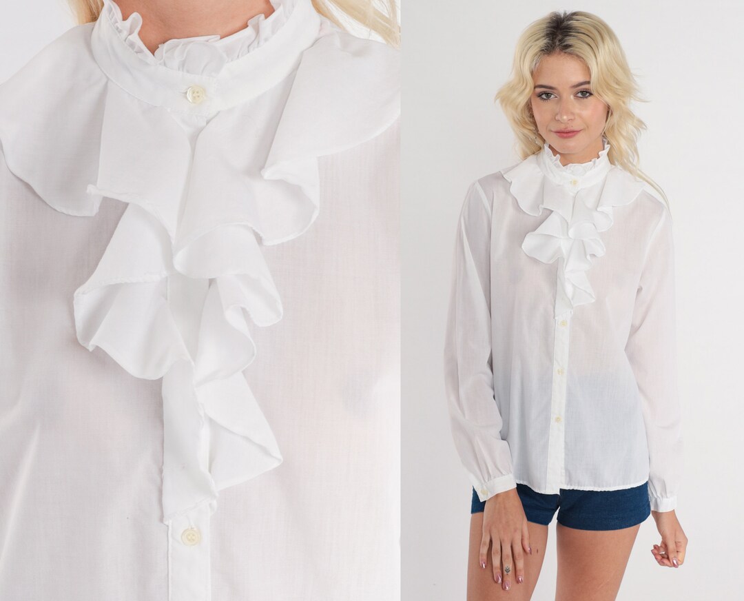White Ruffle Blouse 80s Tuxedo Button up Top Retro Secretary Shirt ...