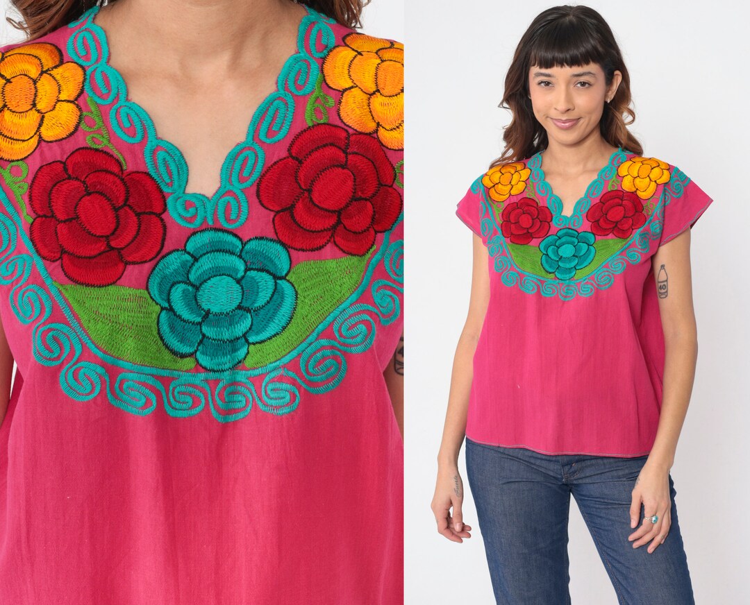Mexican Embroidered Top 90s Hot Pink Floral Blouse Turquoise Peasant ...