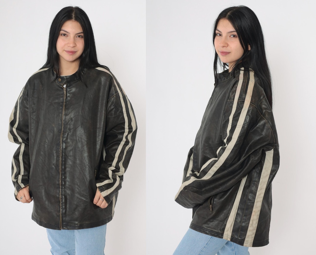 Y2K Black Leather Jacket Steve & Barry's Striped Motorcycle Jacket ...