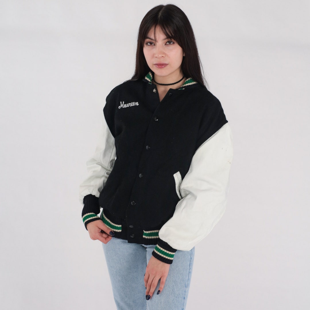 90s Letterman Jacket Black White Varsity Jacket Wool Leather Maureen ...