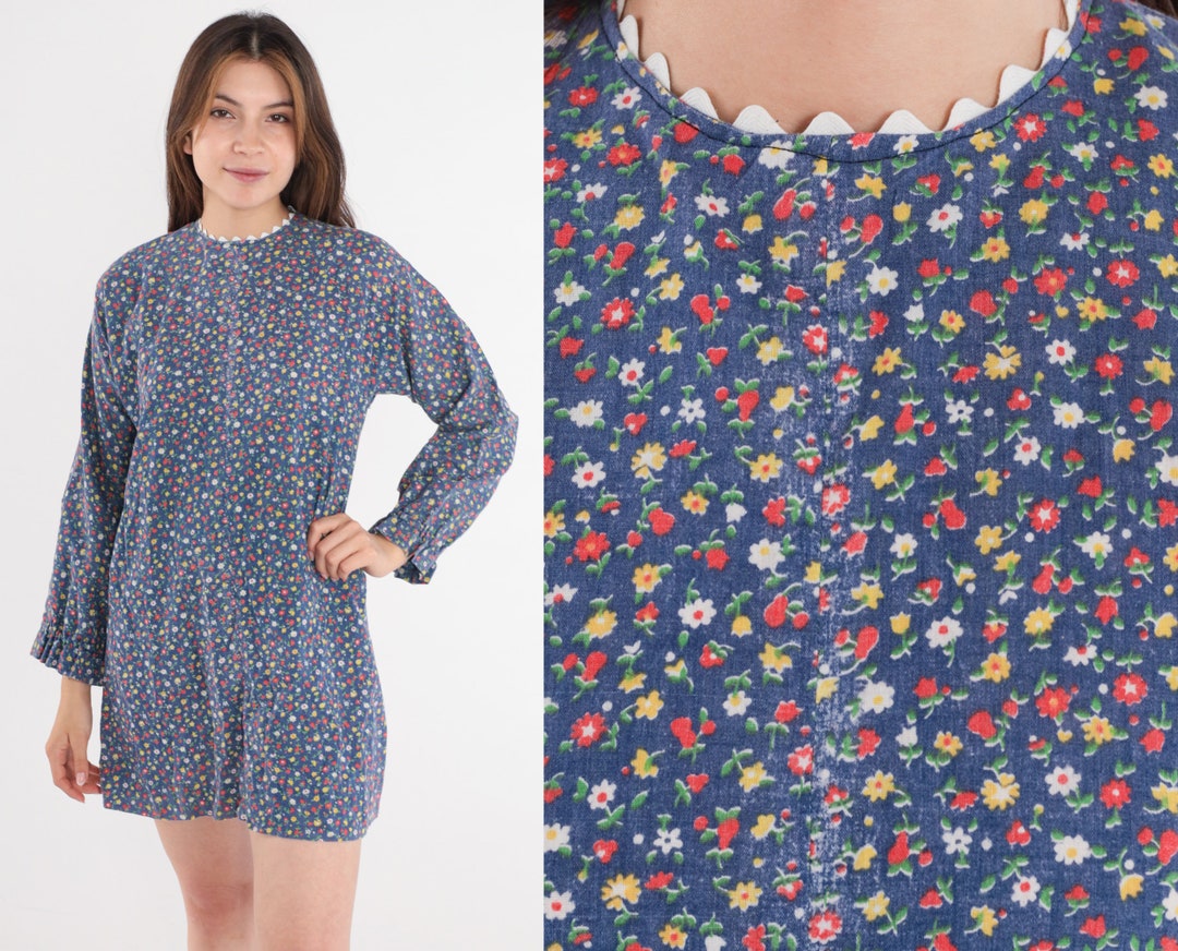 70s Mini Dress Blue Floral Shift Mod Hippie 60s Boho Calico Print ...