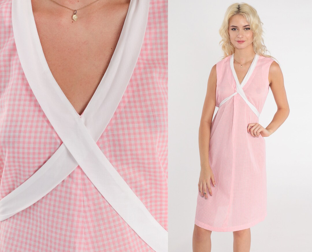 Pink Checkered Dress 80s Mini Gingham Sundress Sleeveless Empire Waist ...