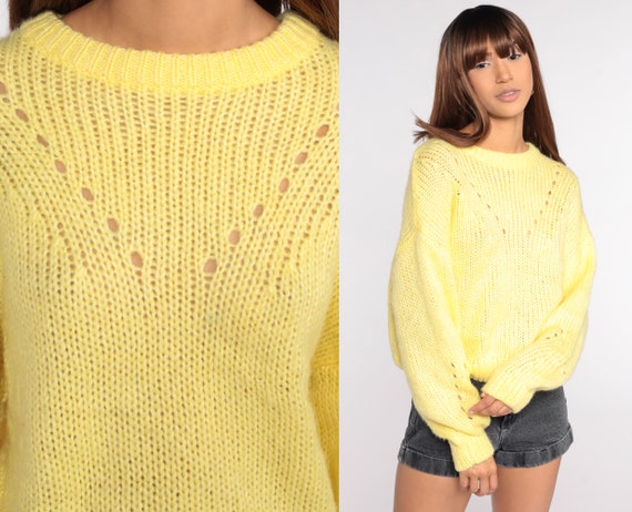 Sheer Yellow Sweater Pastel Shirt 80s Knit Cutout Swe… - Gem