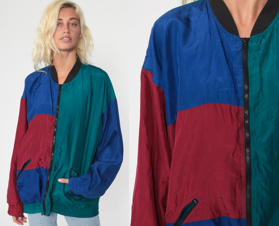 Silk Color Block Jacket 80s Windbreaker Jacket Teal Red Blue - Etsy