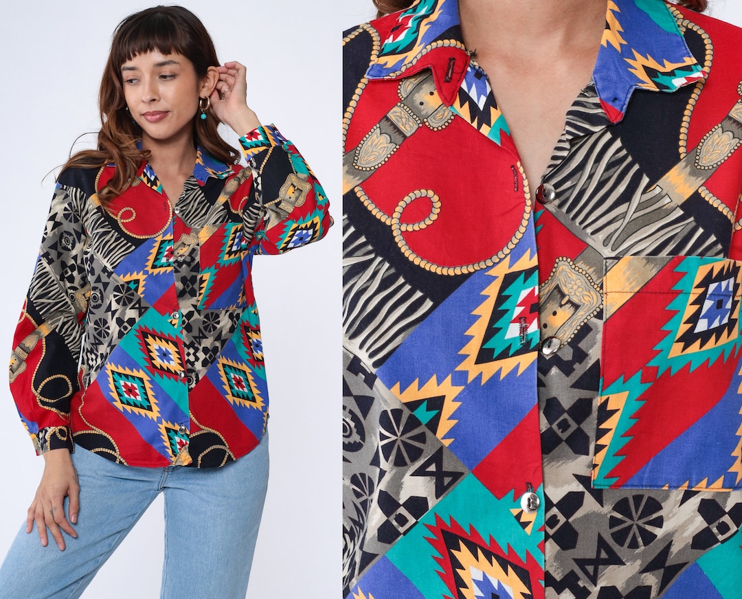 90s Southwest Shirt Red Western Button up Southwestern Blouse Aztec ...