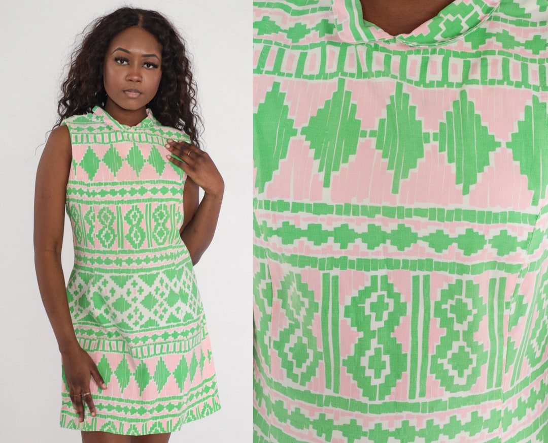 1960s Mod Shift Dress Green Geometric Print Mini 60s Vintage 70s Hippie ...