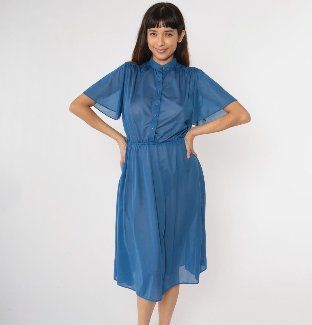70s Semi-sheer Midi Dress Blue Flutter Sleeve Shirtdress Button up Dress Secretary Dress High ...
