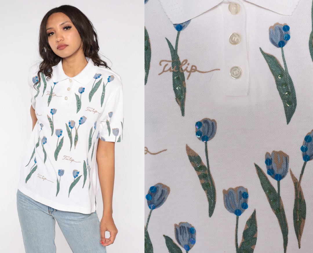 Floral Polo Shirt 90s White Sequin Tulip Flower Polo Shirt Short Sleeve ...