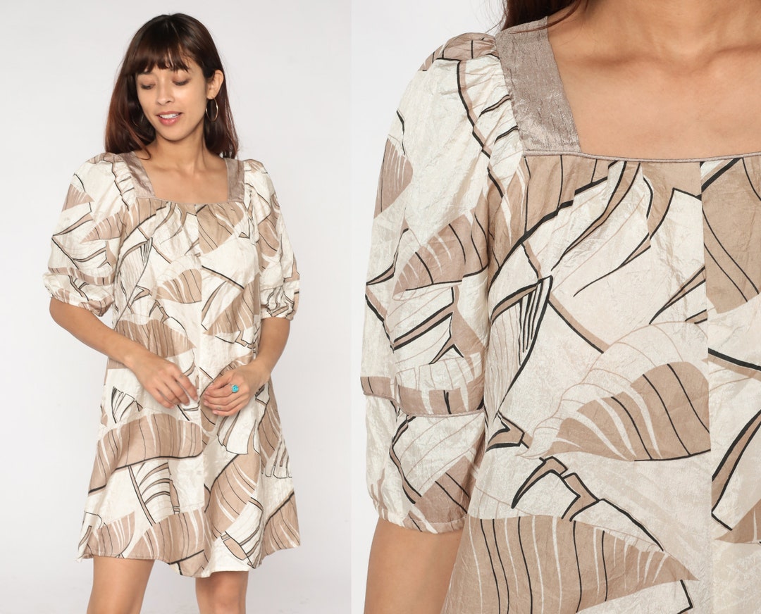 90s Mini Dress Tropical Dress Shift LEAF PRINT Puff Sleeve Mini Jungle ...
