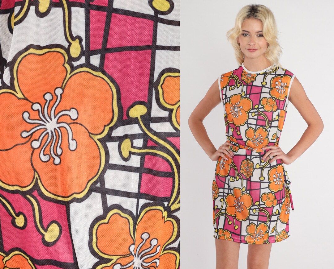 Groovy Floral Dress 70s Mod Mini Dress Checkered Tropical Hibiscus ...