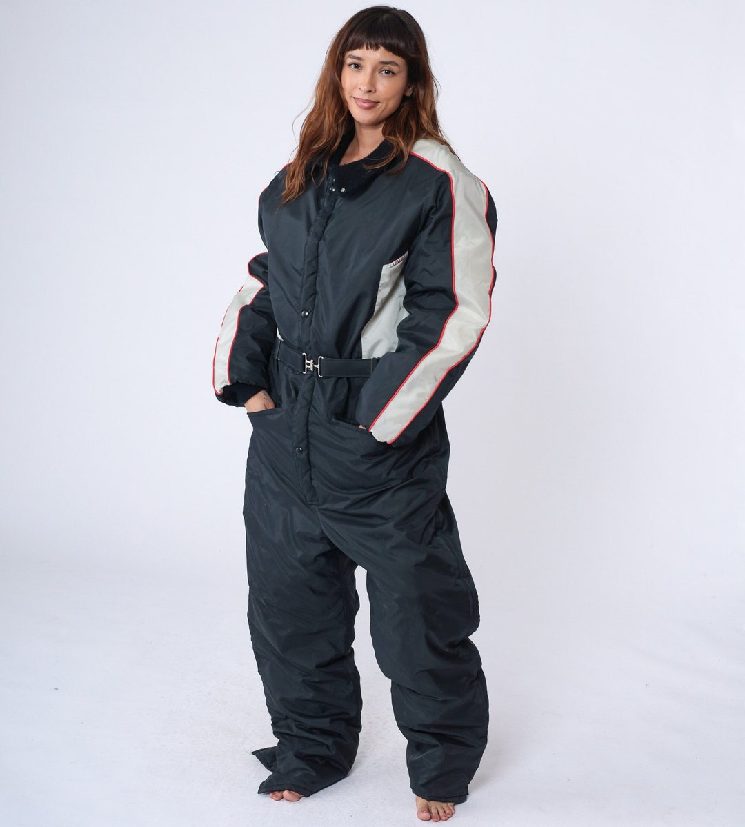 80s Snowsuit Men's Black Ski Suit One Piece Snowsuit Retro Coveralls ...