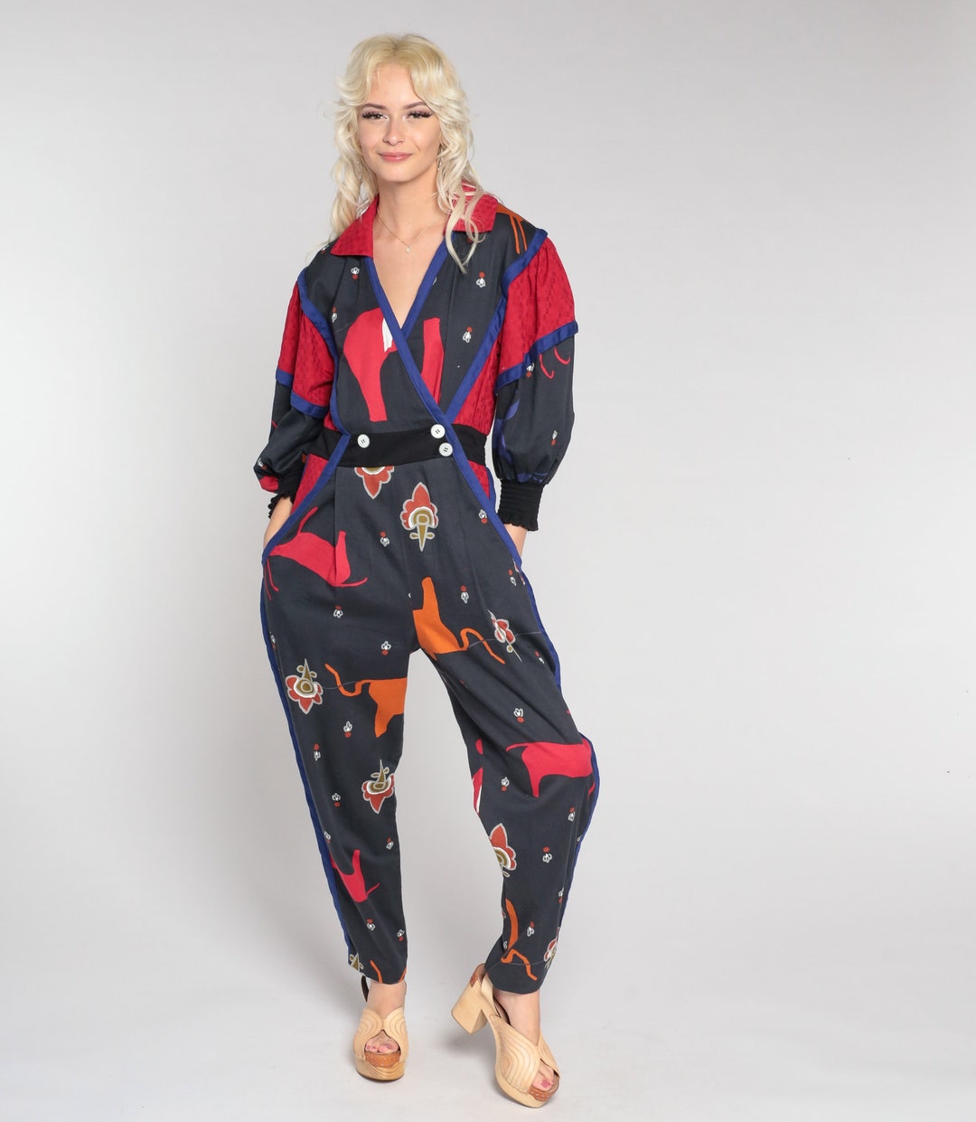 80s Jeanne Marc Jumpsuit Designer Animal Print Pantsuit Black Long ...