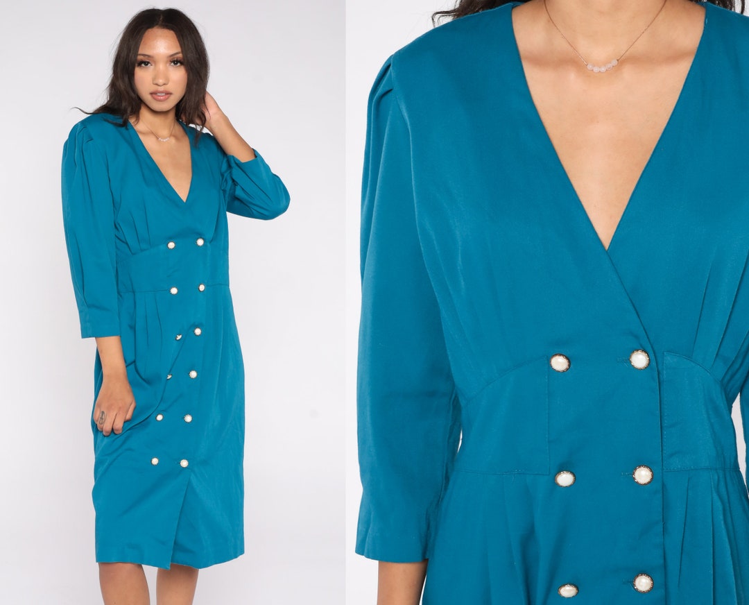 Blue Button up Dress 80s Midi Double Breasted Dress Pleated Secretary 3 ...