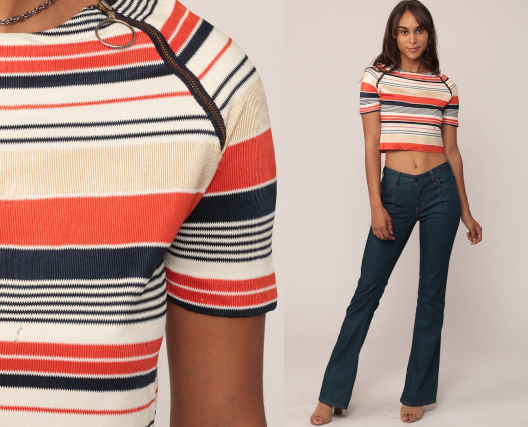 70s Crop Top Striped Hippie Shirt ASYMMETRICAL ZIP Vintage Cropped Tee ...