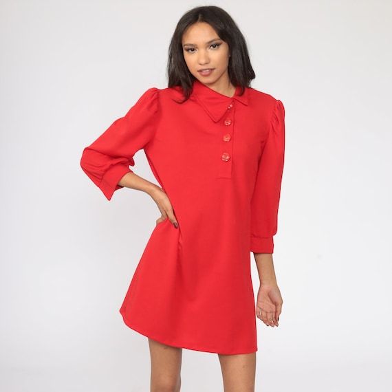 Red Mini Dress Asymmetrical Collar Button Up Dress 80… - Gem