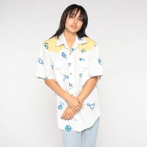 Western Shirt 80s 90s Cattle Brand Print Shirt White Button up Yellow ...