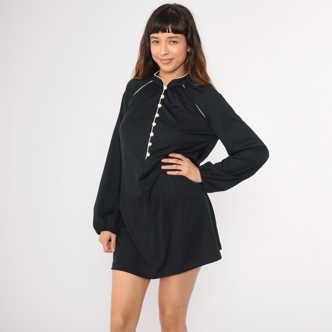 Vintage Black Mini Dress 70s Mod High Waisted Button up Mandarin Collar ...