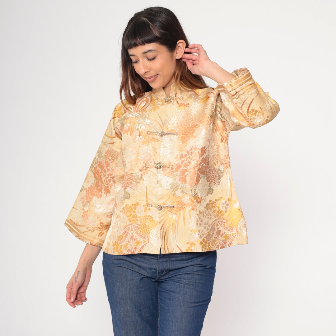 70s Brocade Floral Jacket Asian-inspired Bell Sleeve Blazer Orange ...