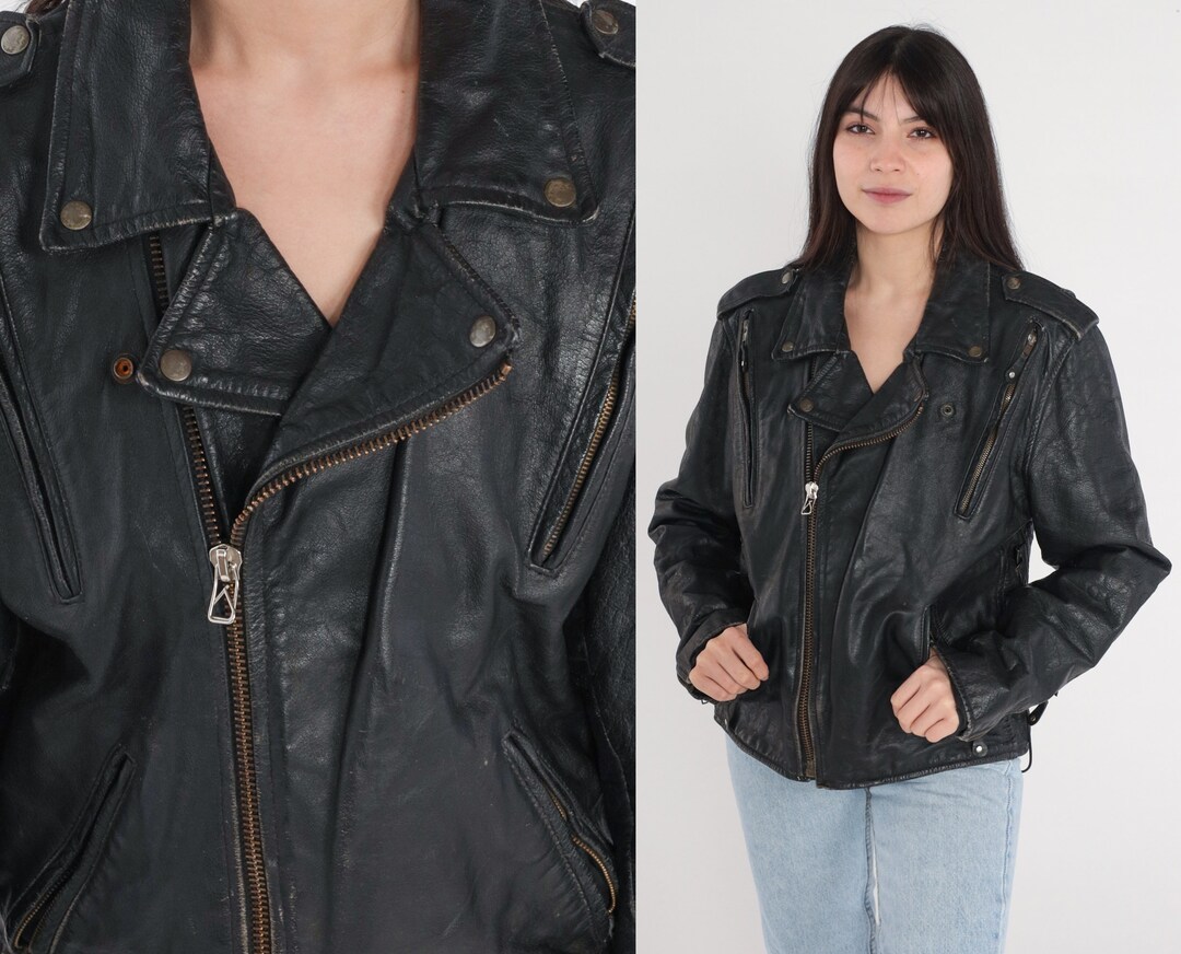 80s Leather Jacket Black Leather Moto Jacket Motorcycle Punk Rock Zip ...