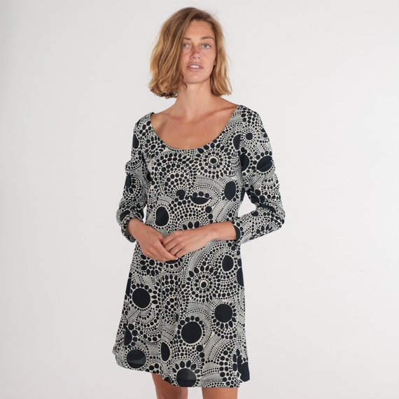 70s Mod Dress Black White Mini Dress Long Sleeve Scoo… - Gem