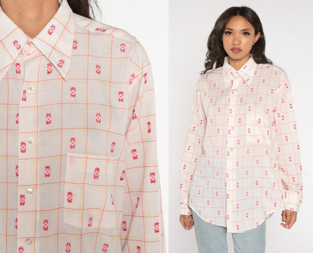 70s Checkered Shirt White Stamp Print Button up Top Retro Preppy ...